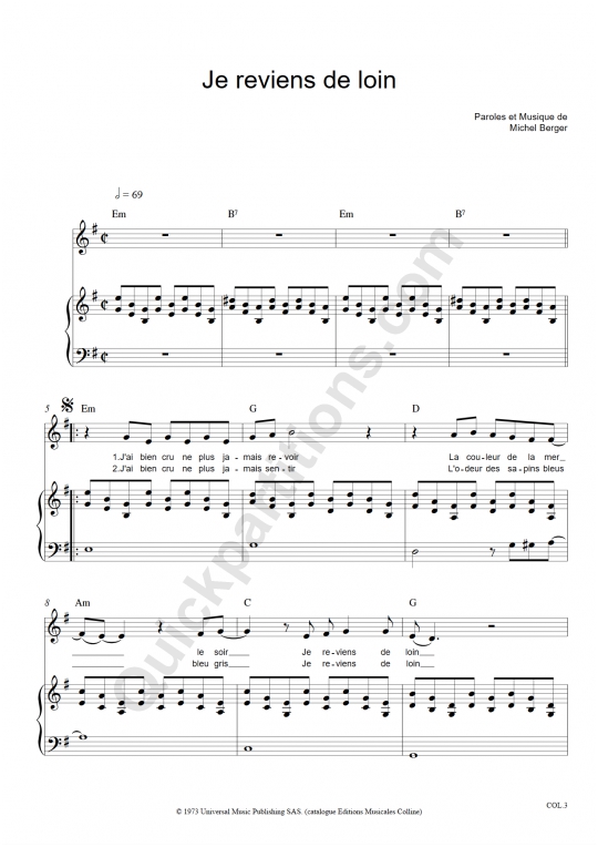 Partition Piano Je Reviens De Loin - Michel Berger (Partition Digitale) Partition Piano Je Reviens De Loin - Michel Berger (Partition Digitale)