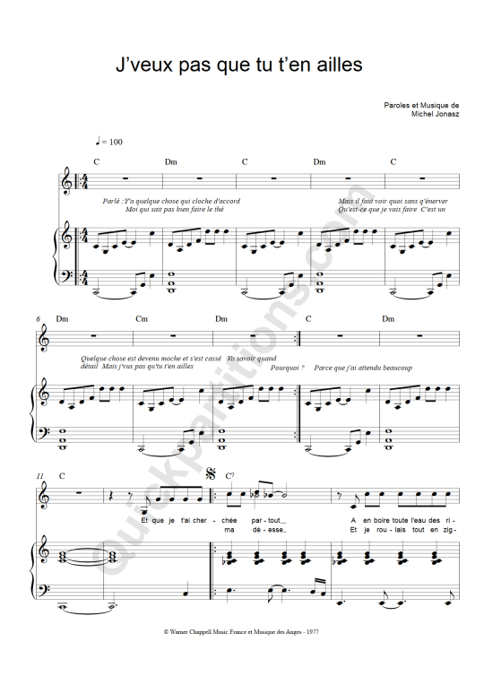 Partition piano J'veux pas que tu t'en ailles de Michel Jonasz Partition piano J'veux pas que tu t'en ailles de Michel Jonasz