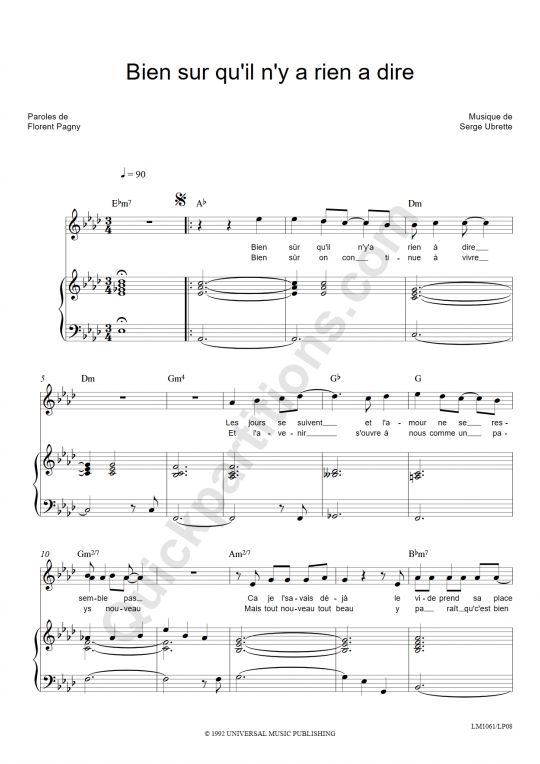 Partition piano Bien sur qu'il n'y a rien à dire de Florent Pagny Partition piano Bien sur qu'il n'y a rien à dire de Florent Pagny