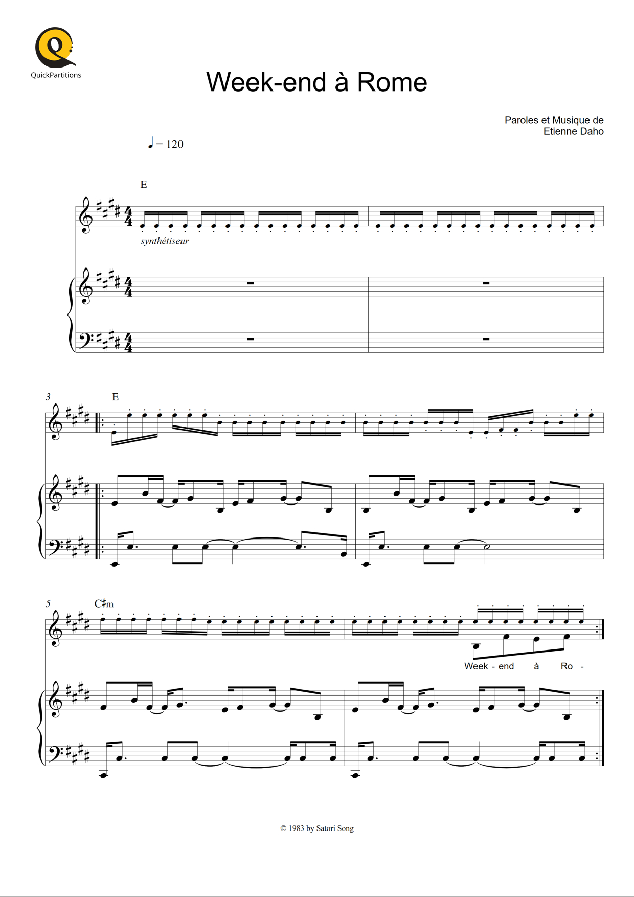 Partition piano Week-end à Rome de Etienne Daho