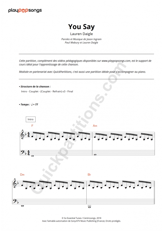 Support de cours You Say de PlayPopSongs