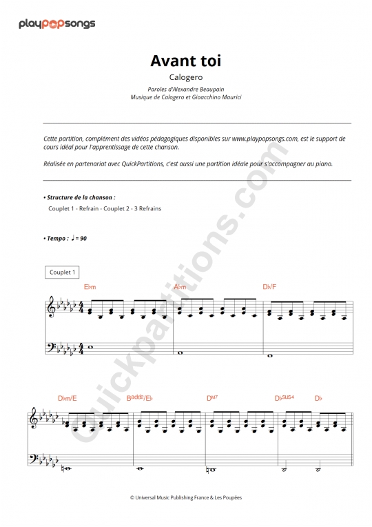 Avant toi Course Material from PlayPopSongs