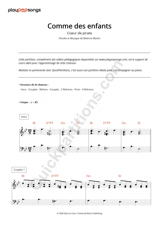 Support de cours Comme des enfants de PlayPopSongs