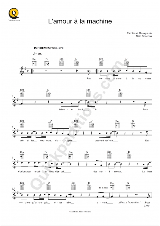 Partition pour Instruments Solistes L'amour à la machine de Alain Souchon Partition pour Instruments Solistes L'amour à la machine de Alain Souchon