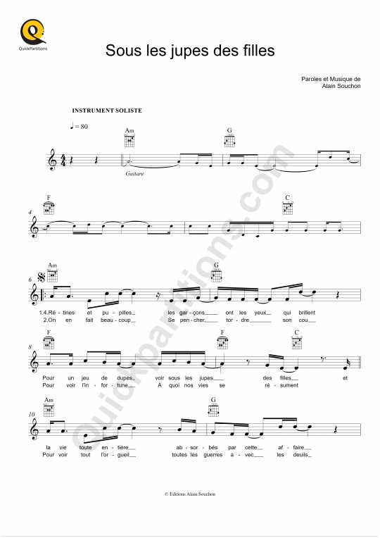 Sous Les Jupes Des Filles Leadsheet Sheet Music From Alain Souchon