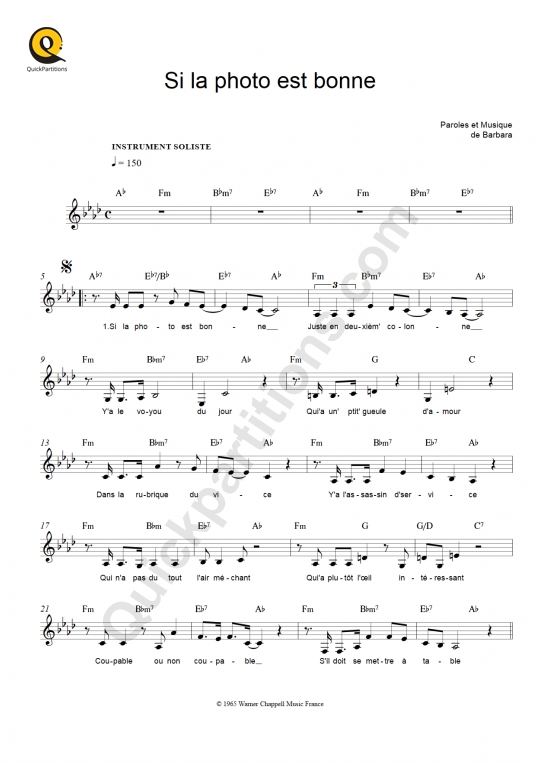 Partition pour Instruments Solistes Si la photo est bonne de Barbara Partition pour Instruments Solistes Si la photo est bonne de Barbara
