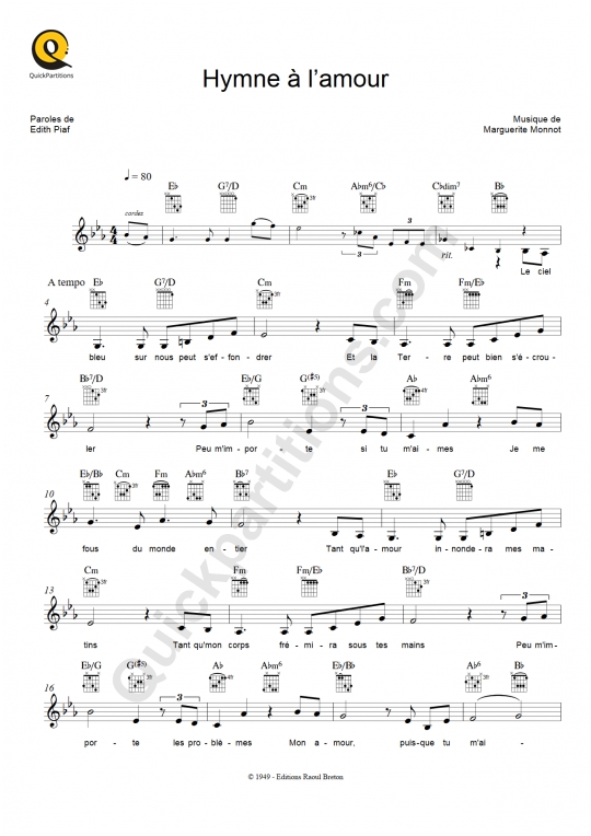 Partition pour Instruments Solistes Hymne à l'amour de Edith Piaf Partition pour Instruments Solistes Hymne à l'amour de Edith Piaf
