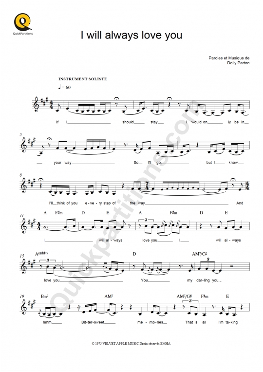 Partition pour Instruments Solistes I Will Always Love You de Whitney ... Partition pour Instruments Solistes I Will Always Love You de Whitney ...