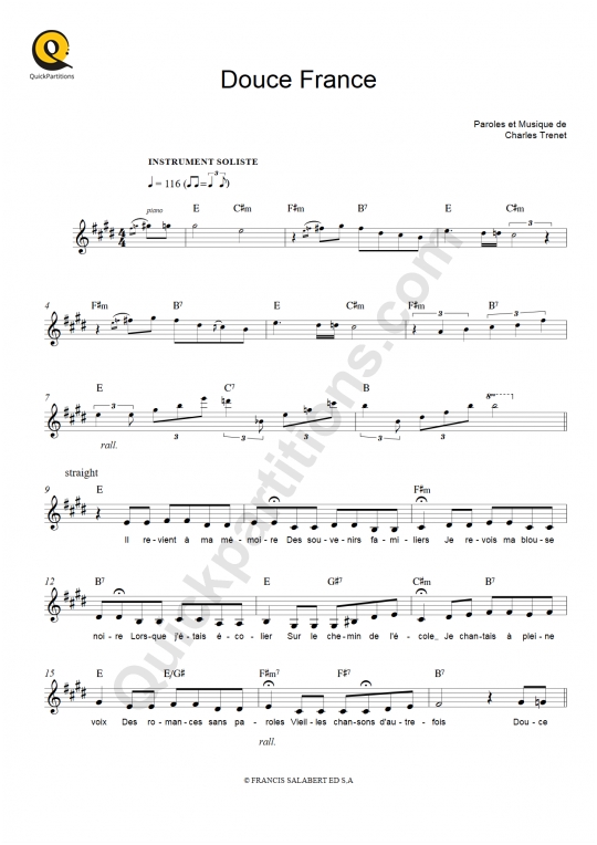 Partition pour Instruments Solistes Douce France de Charles Trenet Partition pour Instruments Solistes Douce France de Charles Trenet