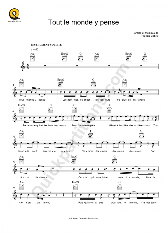 Partition pour Instruments Solistes Tout le monde y pense de Francis Cabrel Partition pour Instruments Solistes Tout le monde y pense de Francis Cabrel