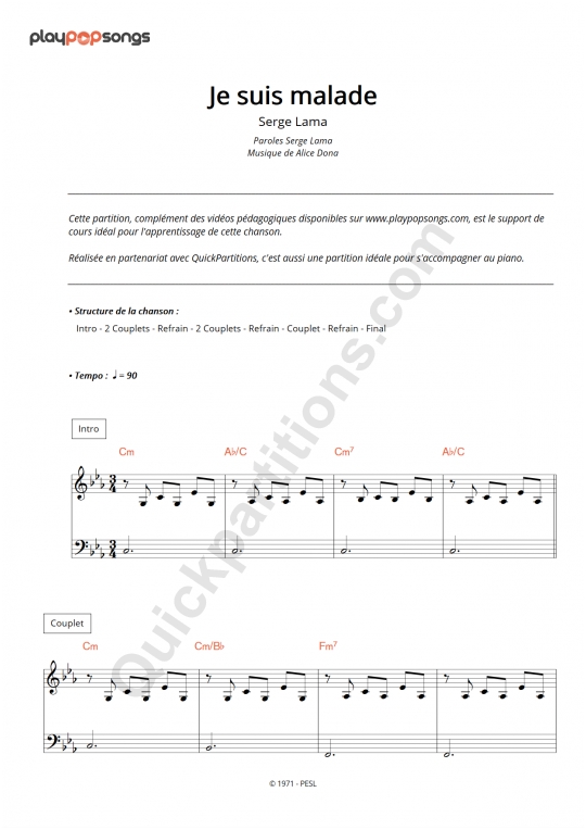 Support de cours Je suis malade de PlayPopSongs