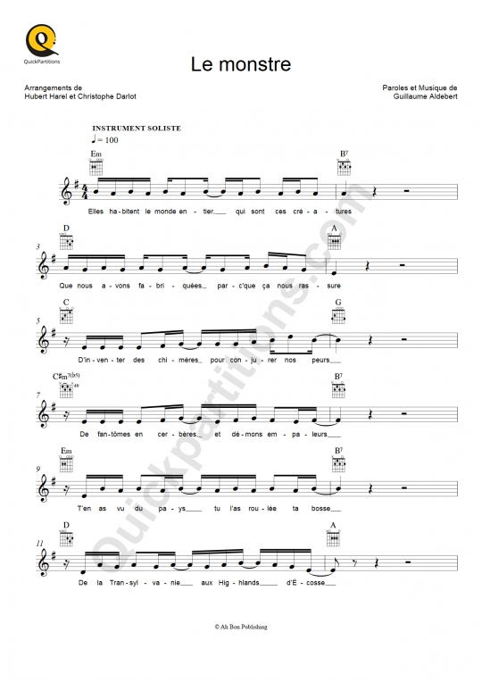 Partition pour Instruments Solistes Le monstre de Aldebert Partition pour Instruments Solistes Le monstre de Aldebert