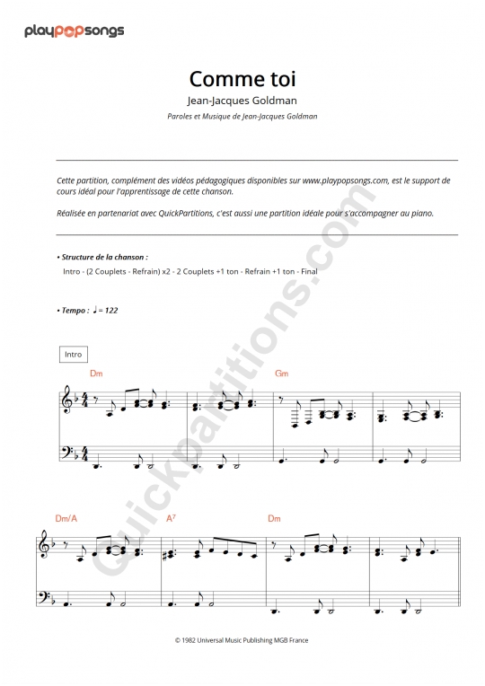 Comme toi Course Material from PlayPopSongs