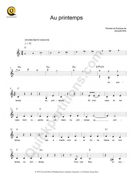 Partition Instruments Solistes Au printemps de Jacques Brel