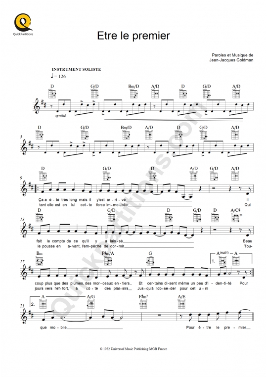 Partition pour Instruments Solistes Etre le premier de Jean-Jacques Goldman Partition pour Instruments Solistes Etre le premier de Jean-Jacques Goldman
