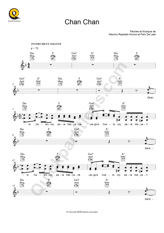 Partition Instruments Solistes Chan Chan de Buena vista social club