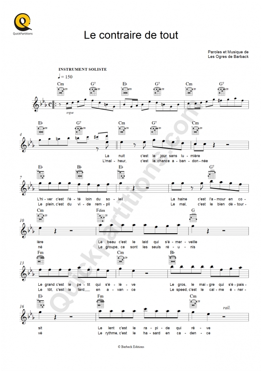 Le contraire de tout Leadsheet Sheet Music from Pitt Ocha