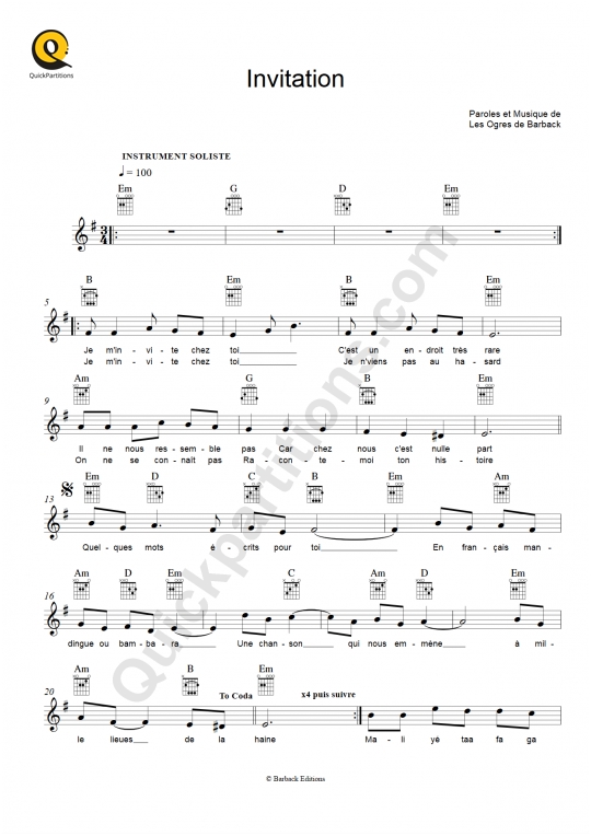 Partition Instruments Solistes Invitation de Pitt Ocha