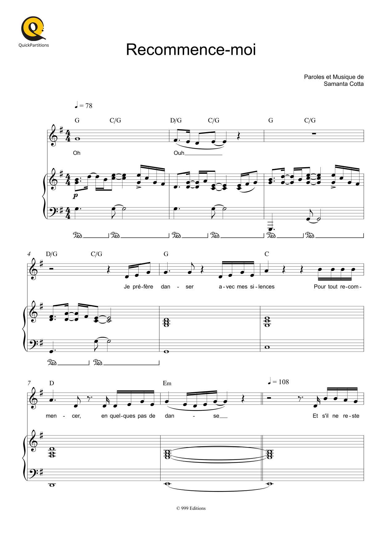 Partition piano Recommence-moi de Santa Partition piano Recommence-moi de Santa