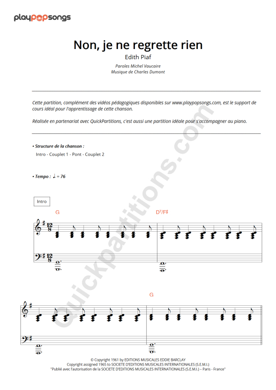 Support de cours Non, je ne regrette rien de PlayPopSongs