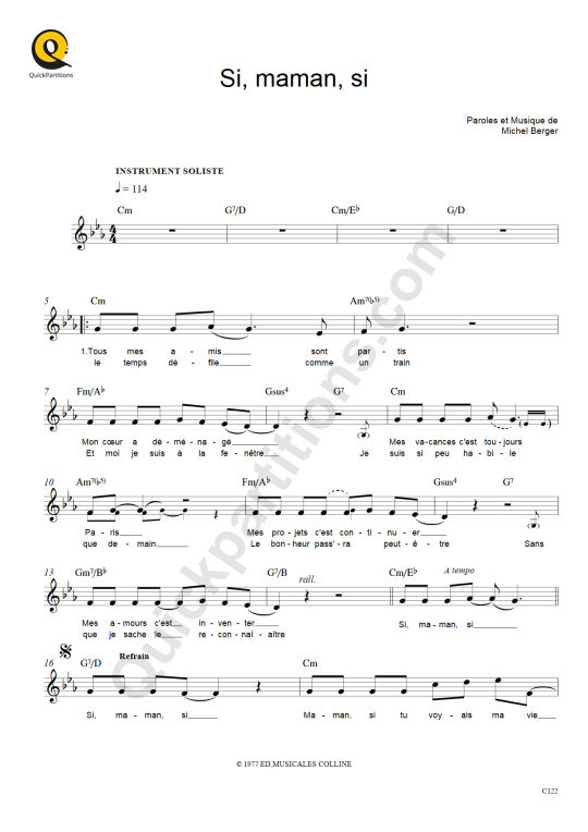 Partition pour Instruments Solistes Si maman si de France Gall Partition pour Instruments Solistes Si maman si de France Gall