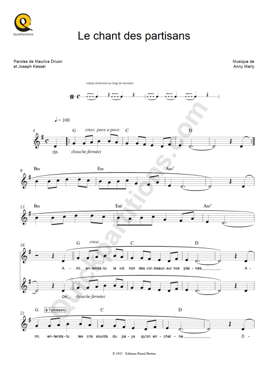 Partition chant Le chant des partisans de Léo Ferré