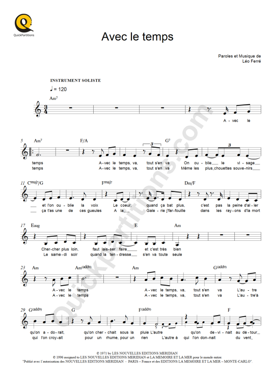 Partition Instruments Solistes Avec le temps de Léo Ferré Partition Instruments Solistes Avec le temps de Léo Ferré