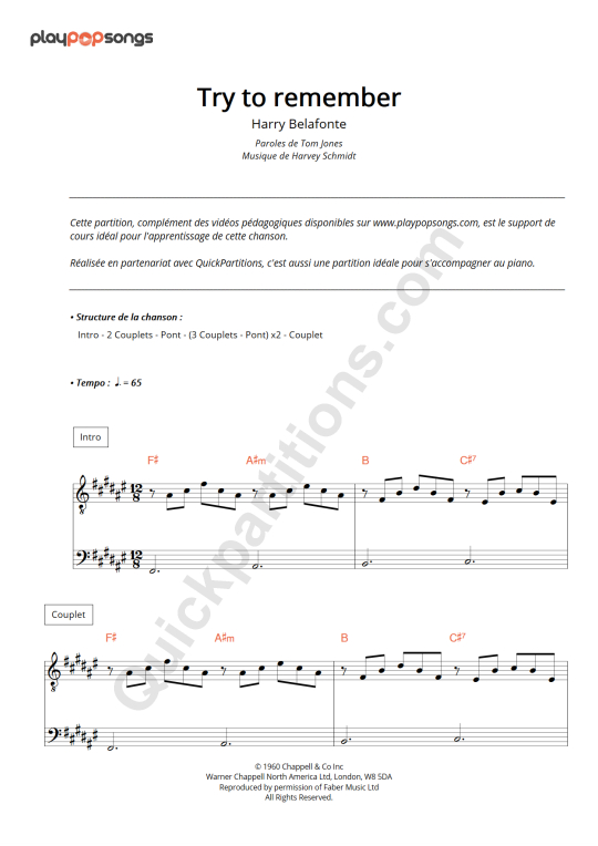 Support de cours Try To Remember de PlayPopSongs