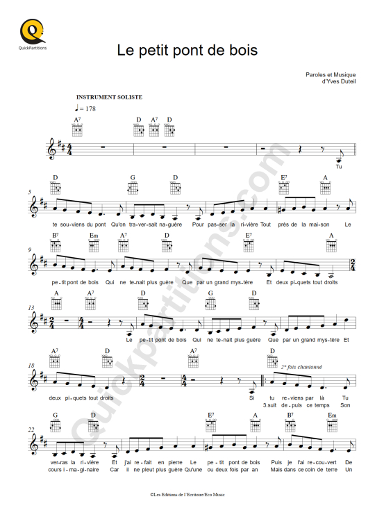 Le petit pont de bois Leadsheet Sheet Music from Yves Duteil