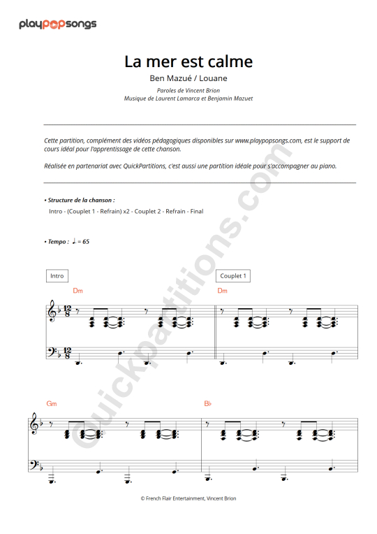 Support de cours La mer est calme de PlayPopSongs