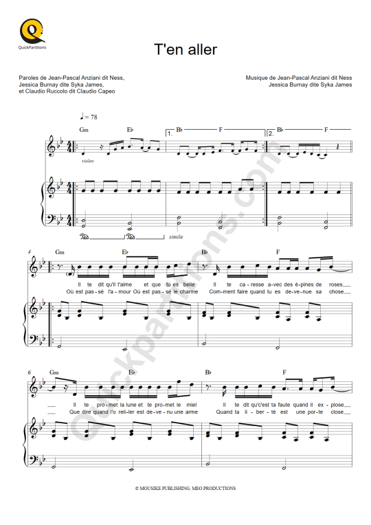 Partition piano T'en aller de Claudio Capéo