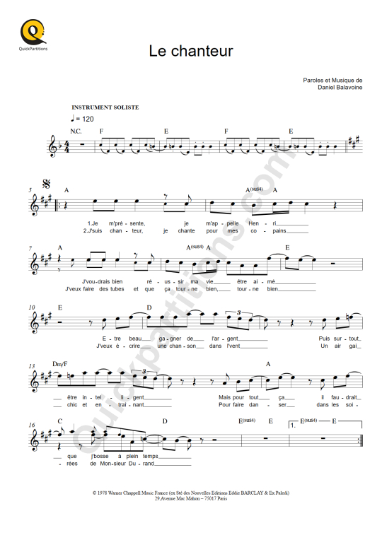 Le chanteur - Soloinstrument-Noten von Daniel Balavoine | Quickpartitions