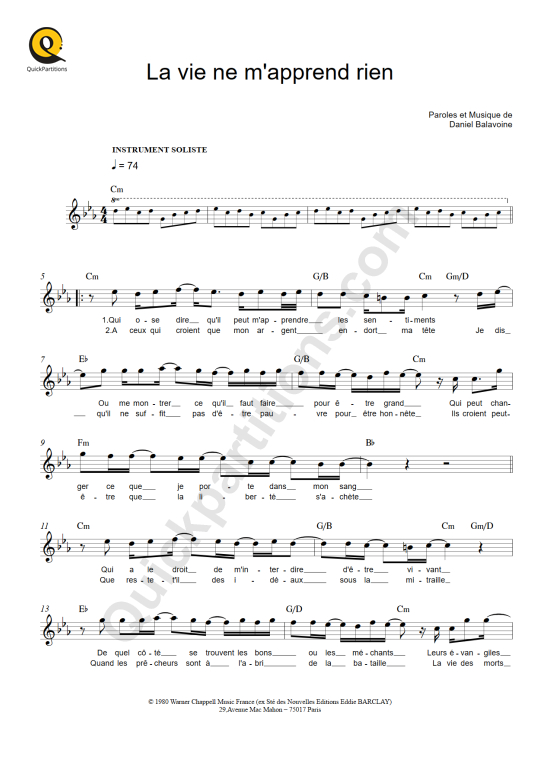 Partition Instruments Solistes La vie ne m'apprend rien de Daniel Balavoine