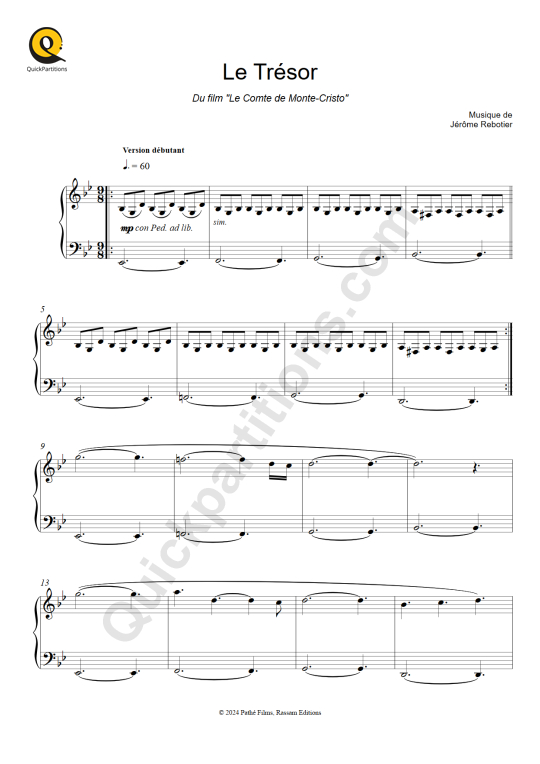 Partition piano facile Le trésor (version débutant) du Comte de Monte ...
