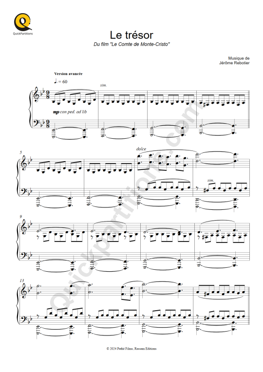 Partition piano Le trésor (version avancée) du Comte de Monte-Cristo
