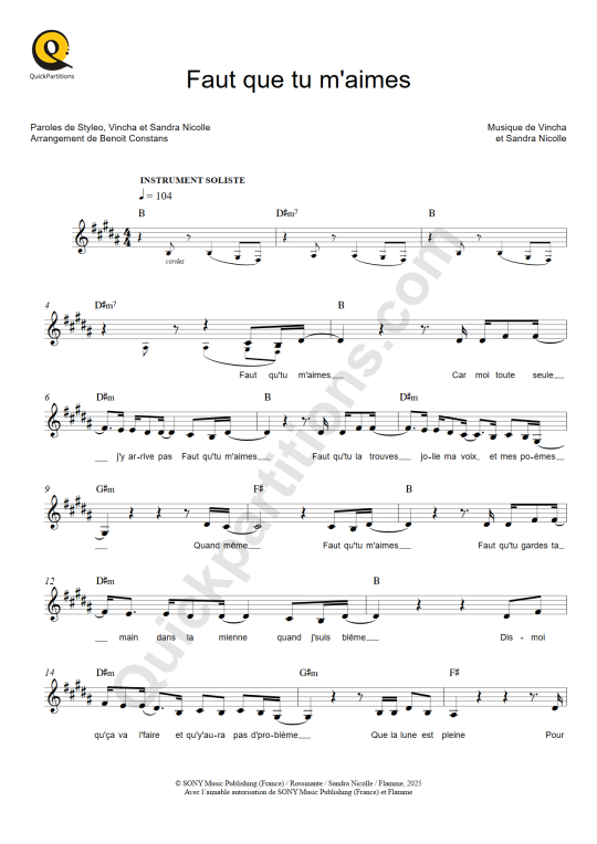 Partition Instruments Solistes Faut que tu m'aimes de Styleto