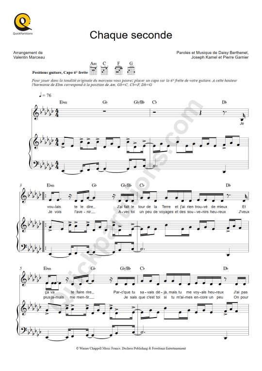 Partition piano Chaque seconde (feat. M. Pokora) de Pierre Garnier