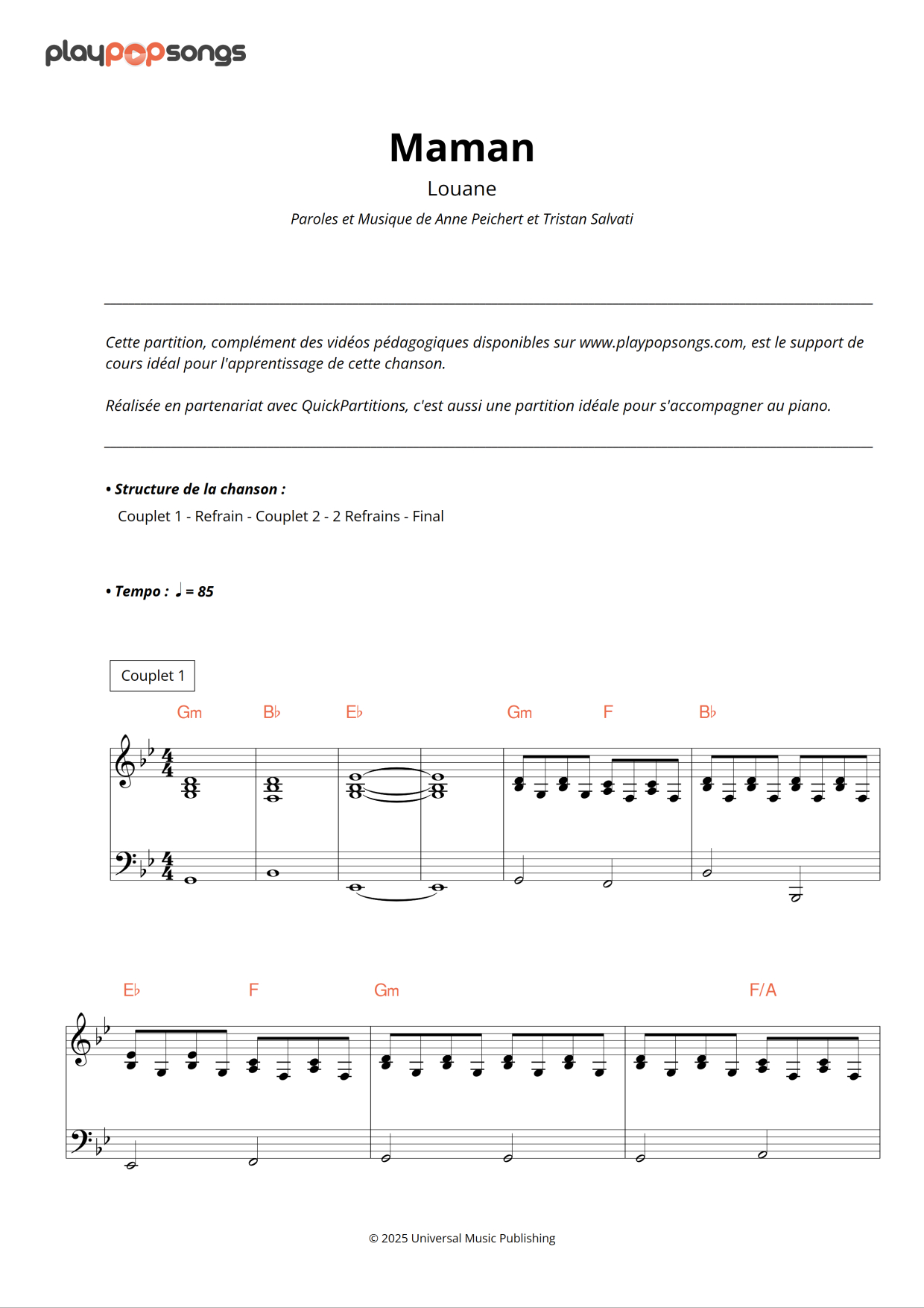 Support de cours Maman (version 2025) de PlayPopSongs