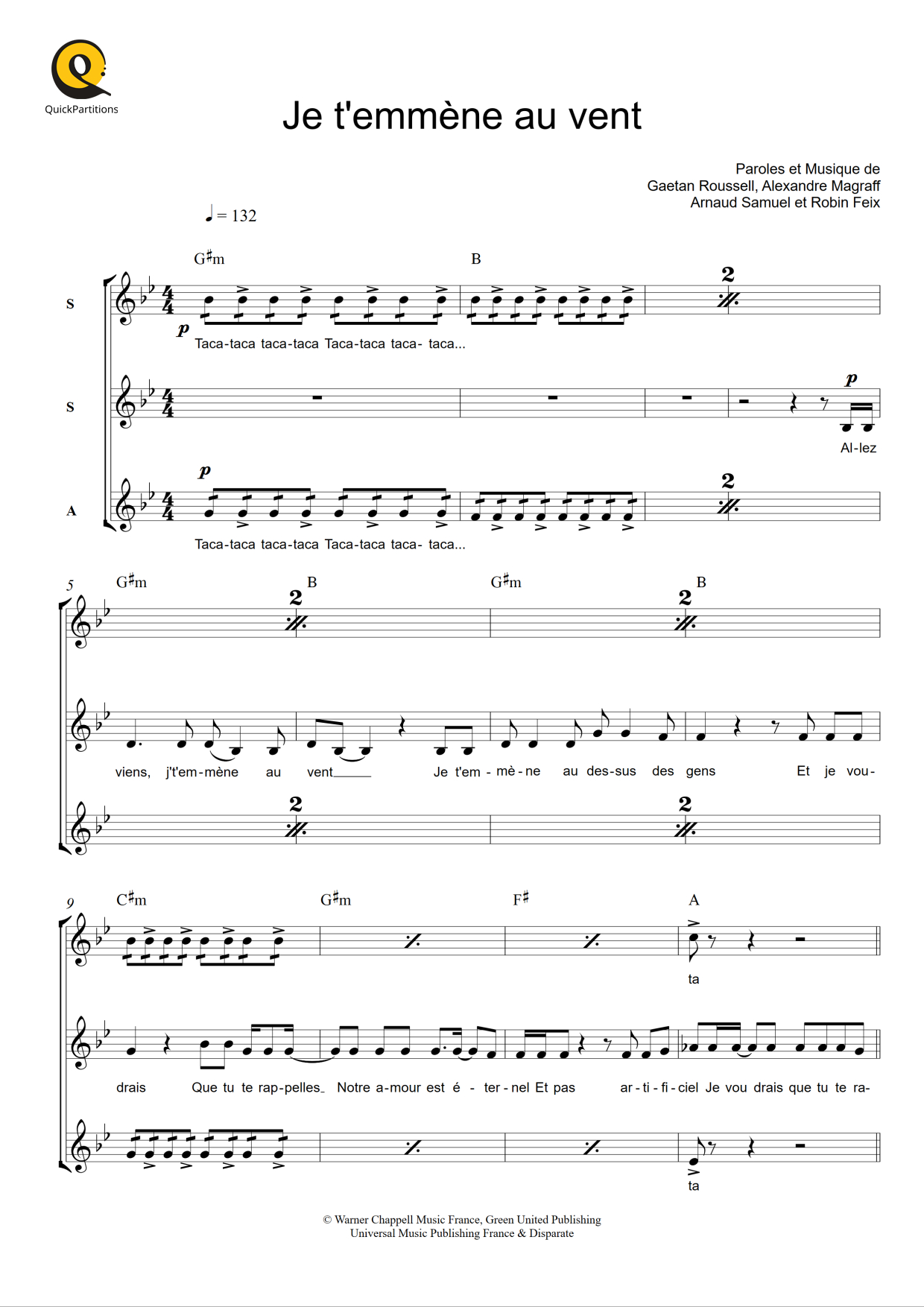 Partition chorale (SSA) Je t'emmène au vent de Louise Attaque