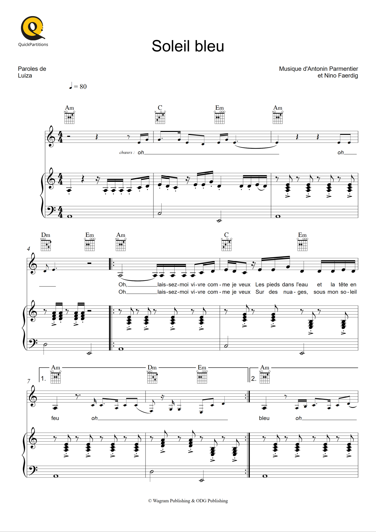 Partition piano Soleil bleu de Luiza