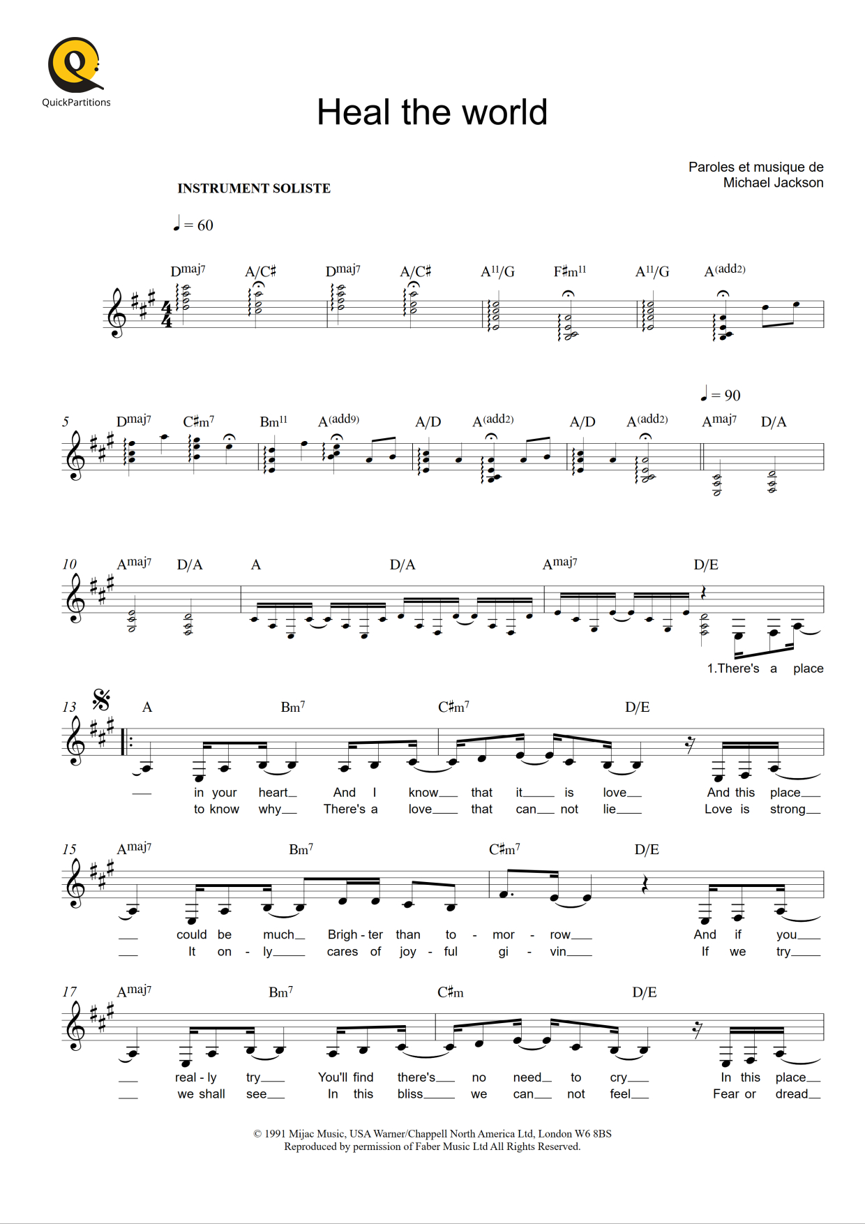 Partition Instruments Solistes Heal The World de Michael Jackson