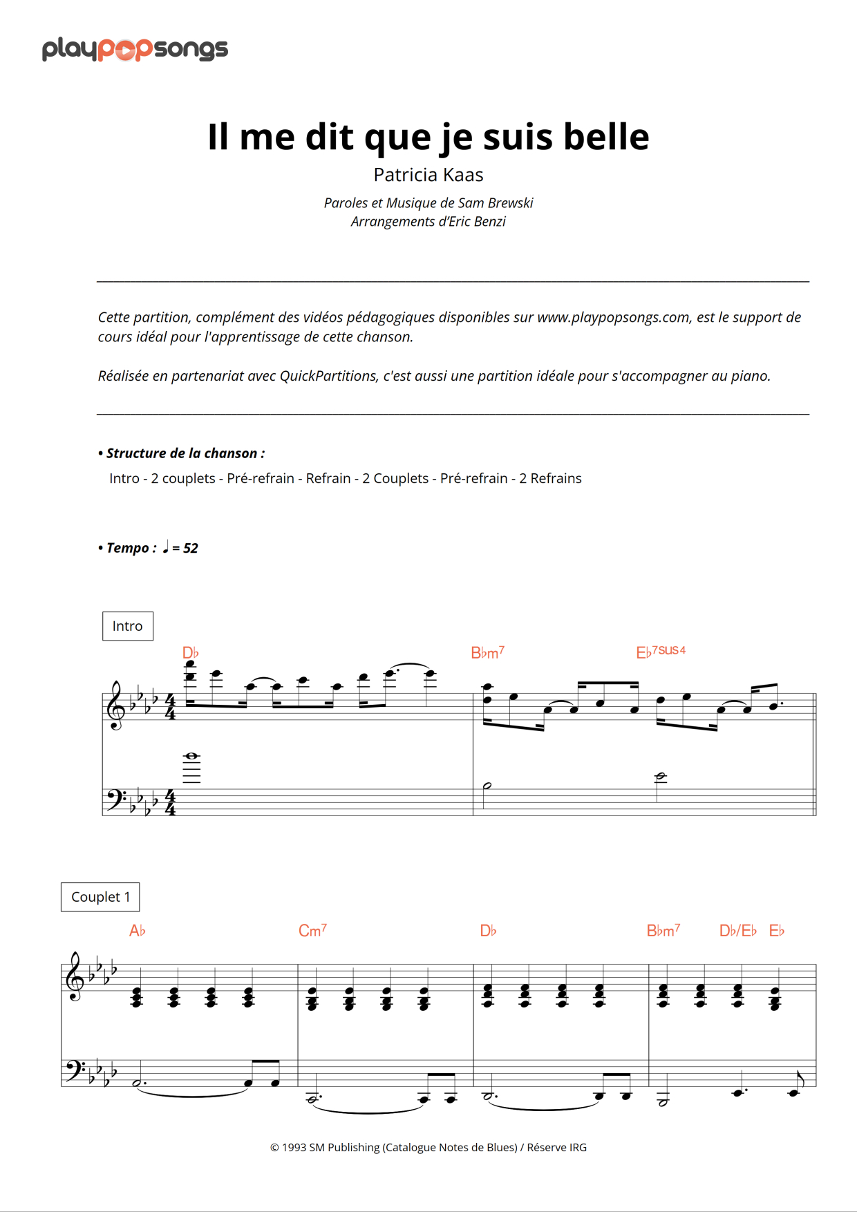 Support de cours Il me dit que je suis belle de PlayPopSongs