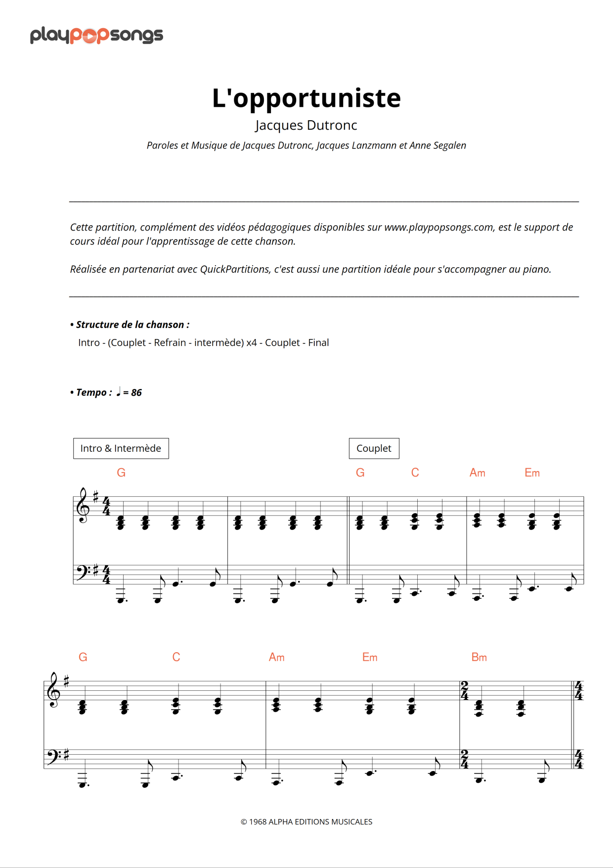 L'opportuniste - Support de cours de PlayPopSongs | Quickpartitions