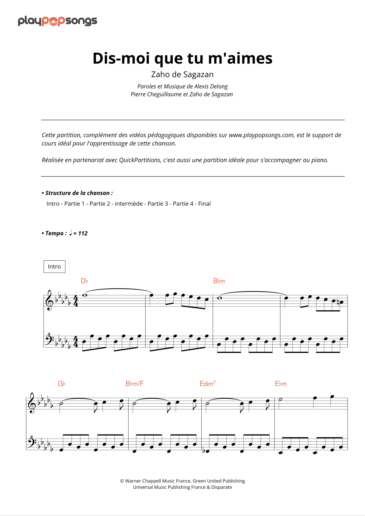 Support de cours Dis-moi que tu m'aimes (modular version) de PlayPopSongs