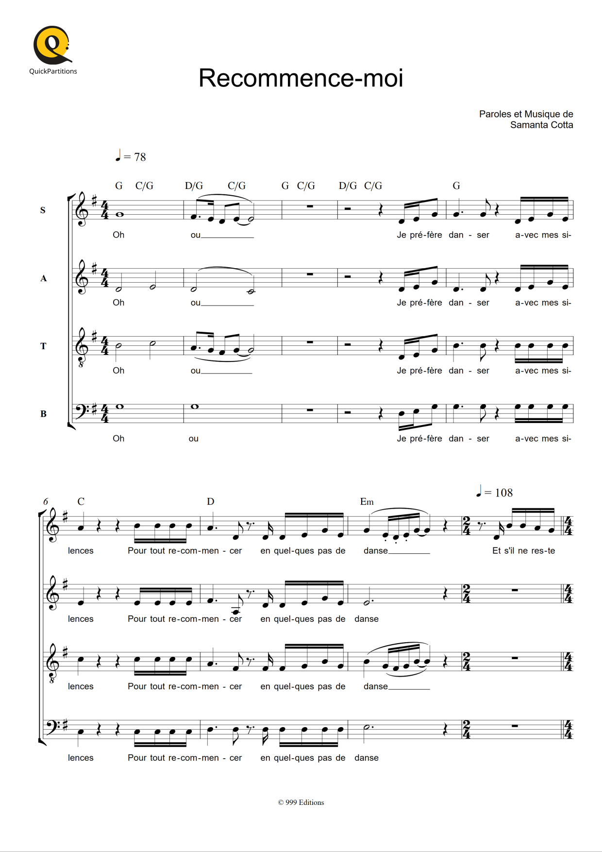 Partition chorale (SATB) Recommence-moi de Santa
