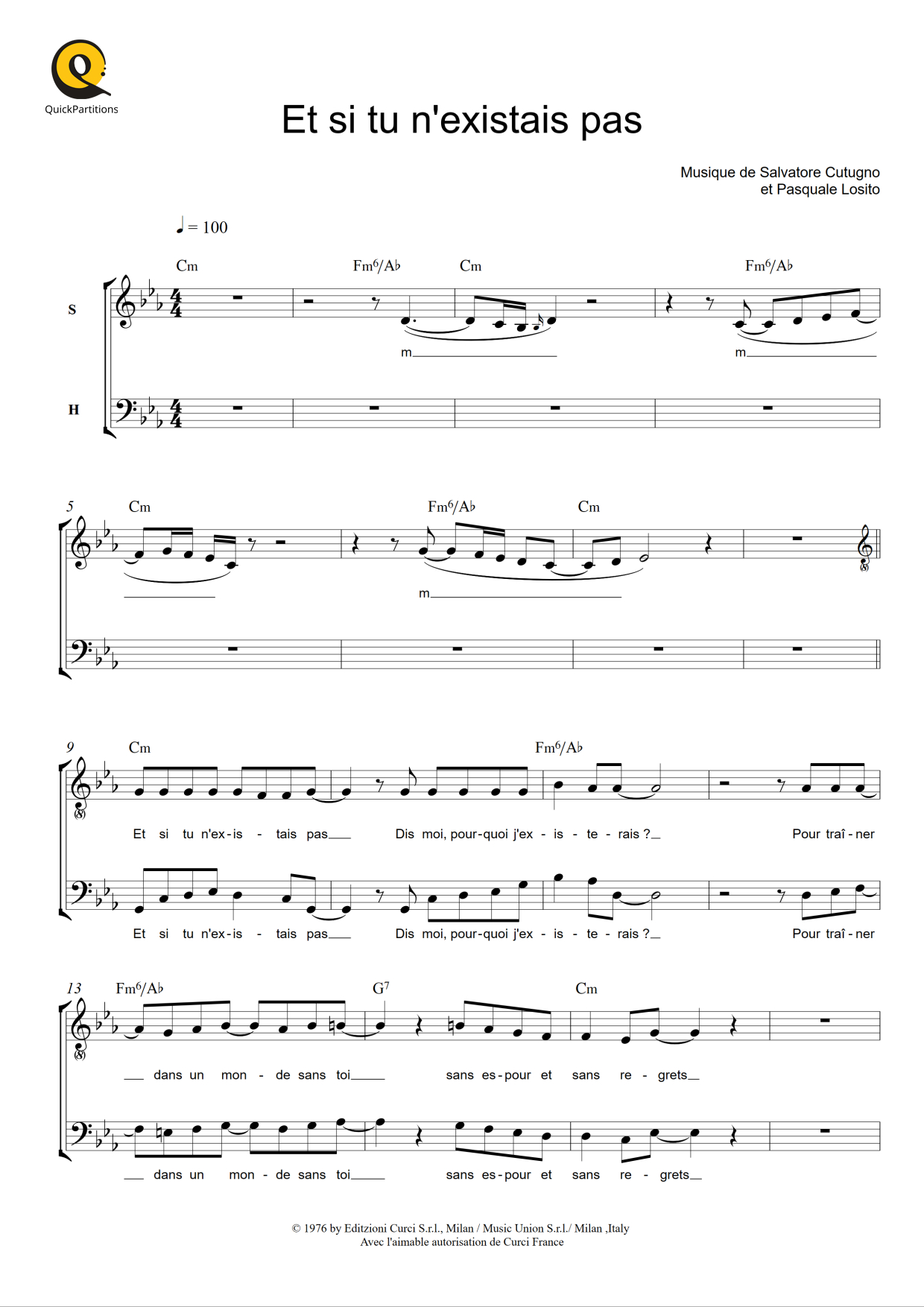 Et si tu n'existais pas Choral sheet music (SA) from Joe Dassin
