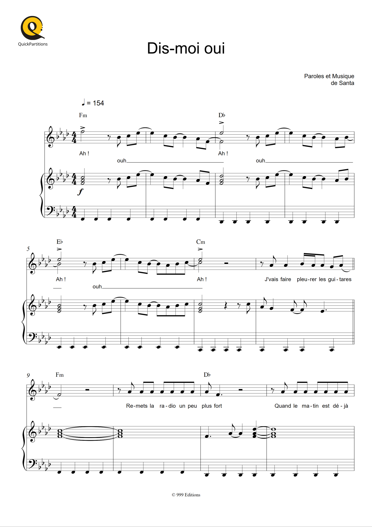 Dis-moi oui - Partition piano de Santa