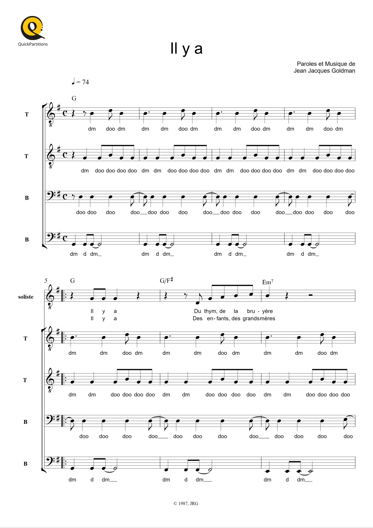 Il y a - Choral sheet music TTBB by Jean-Jacques Goldman | Quickpartitions