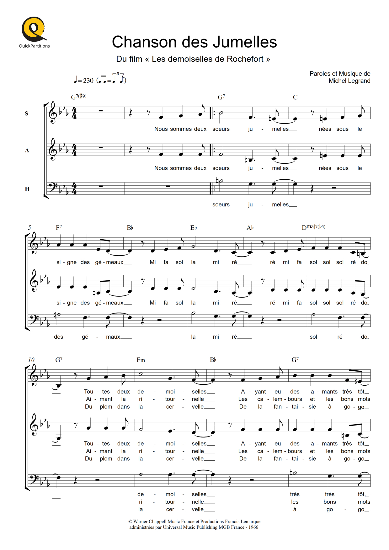 Chanson des jumelles - Choral sheet music SAT by Michel Legrand ...