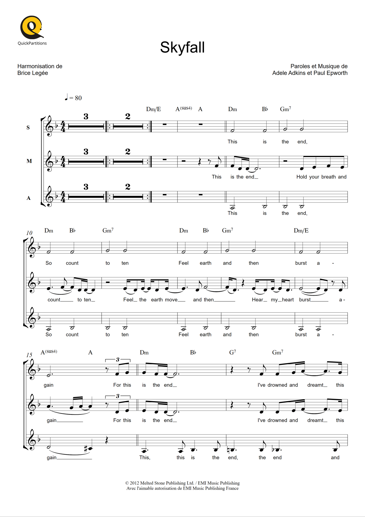Skyfall - Choral sheet music SSA by Adele | Quickpartitions
